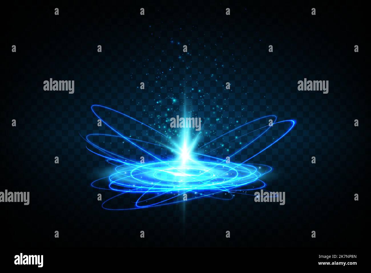 Magic portals on the night scene. Blue round holograms with rays of ...