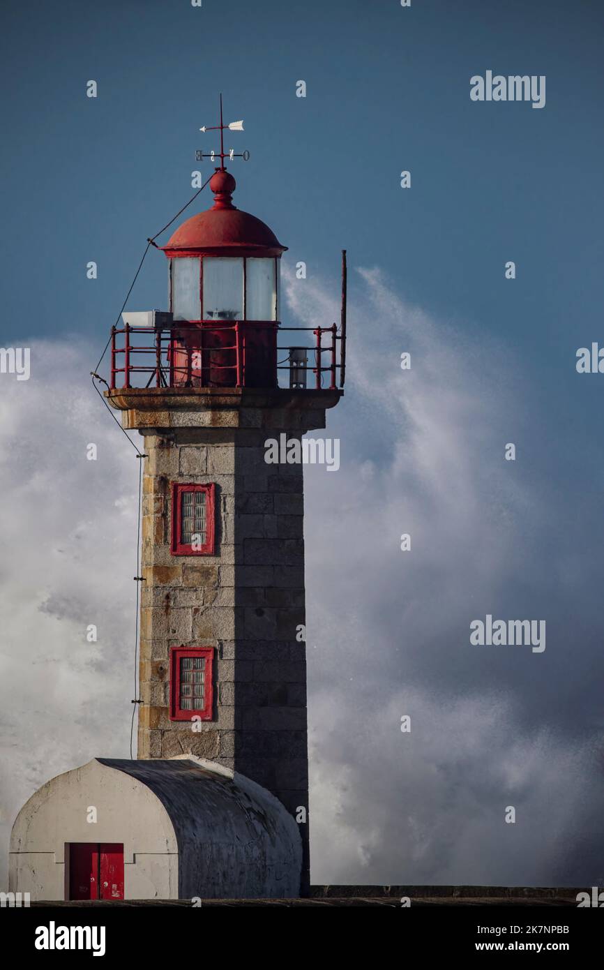 Big stormy sea wave splash. Douro river mouth old lighthouse Stock ...