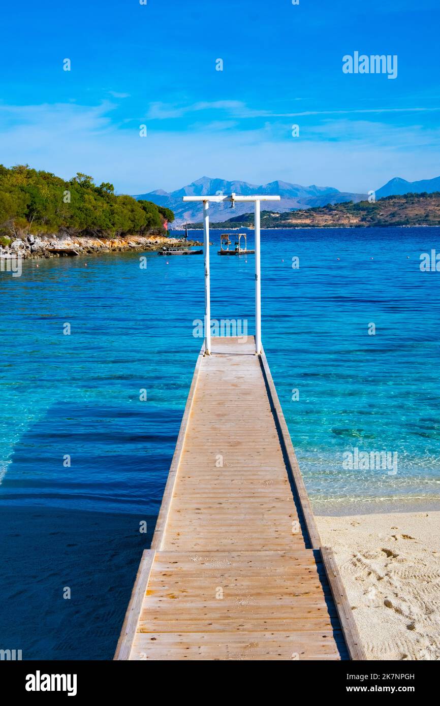 Wooden pier on the beach in Ksamil in Albania Stock Photo - Alamy