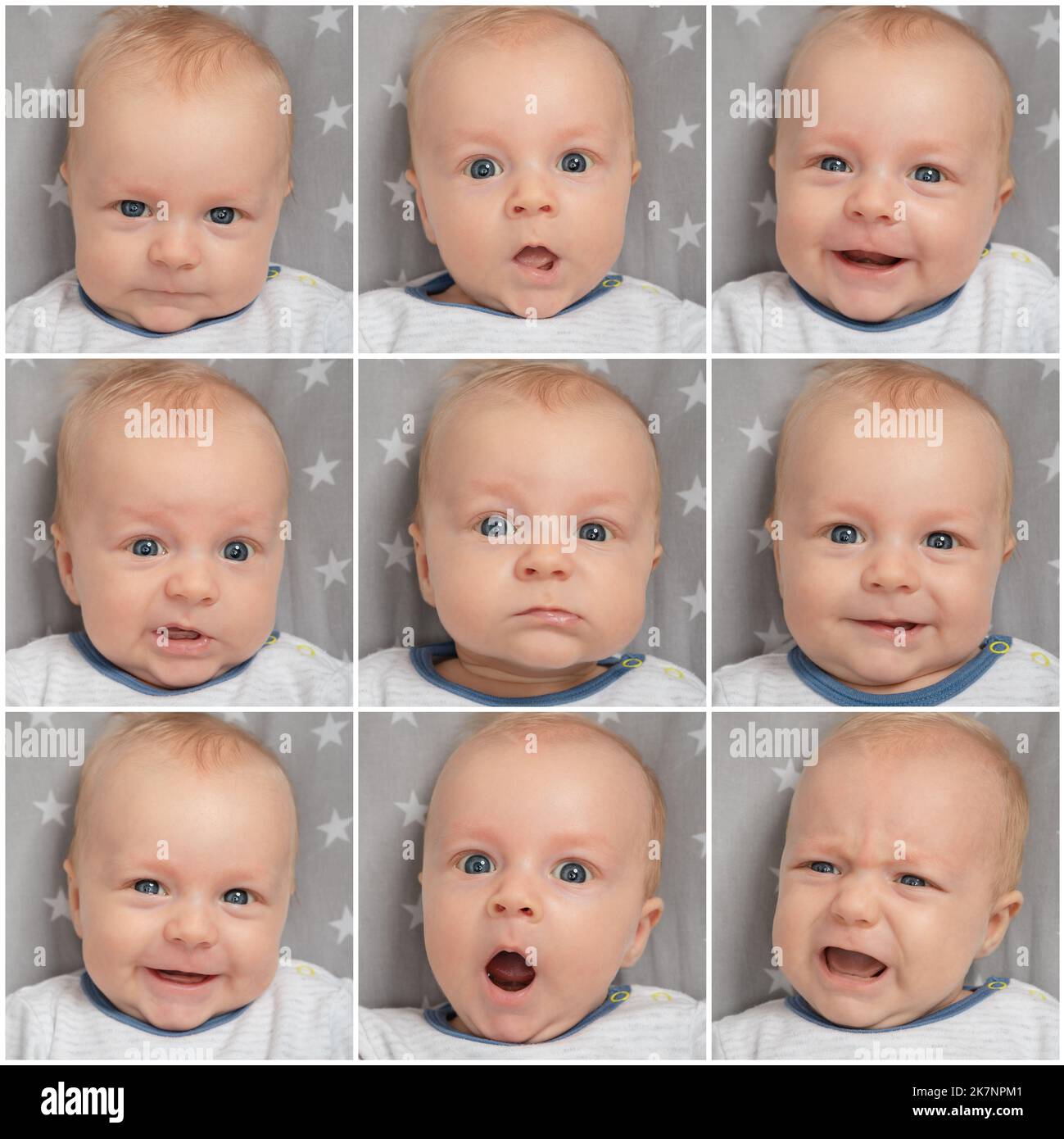 Collage of face cute newborn baby, close-up. Portrait of child with blue eyes. Face expression ...