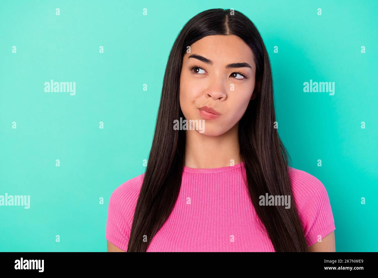 Photo of young pretty woman look empty space brainstorming create plan ... Photo of young pretty woman look empty space brainstorming create plan ...