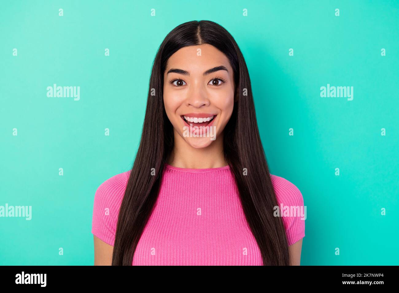 Photo of good mood pretty sweet woman with long glossy silky soft dark ...