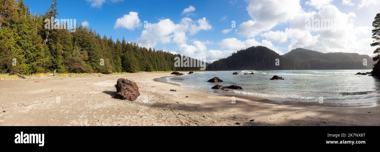 Sandy beach on Pacific Ocean Coast View. Sunny Blue Sky. San Josef Bay ...