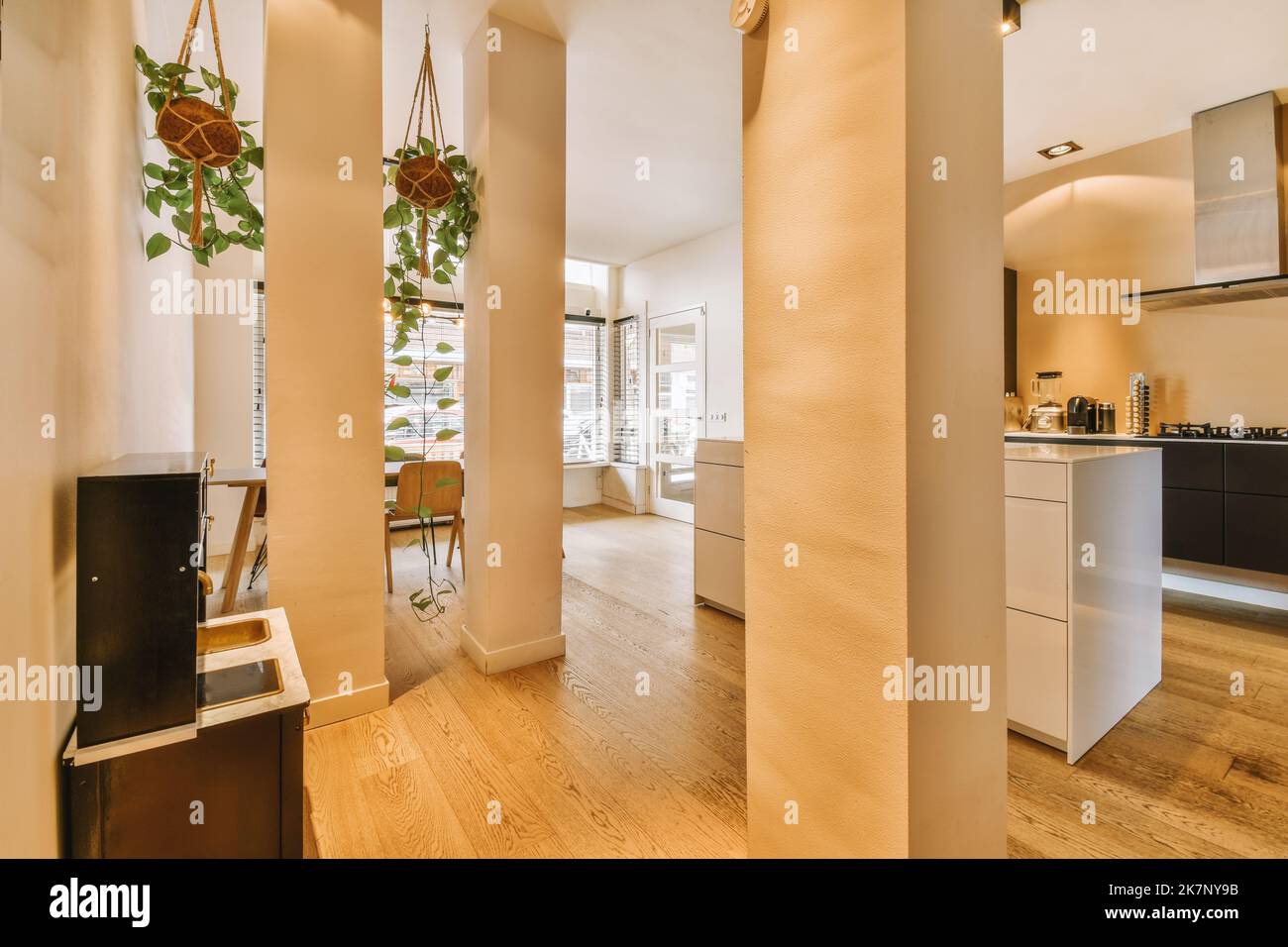 Interior design of spacious empty studio apartment with large windows ...