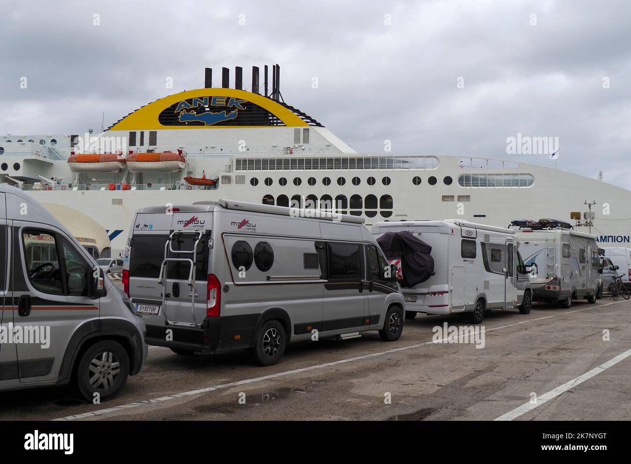 Camper vans wait to board the Anek shipping lines ferry from Ancona ...