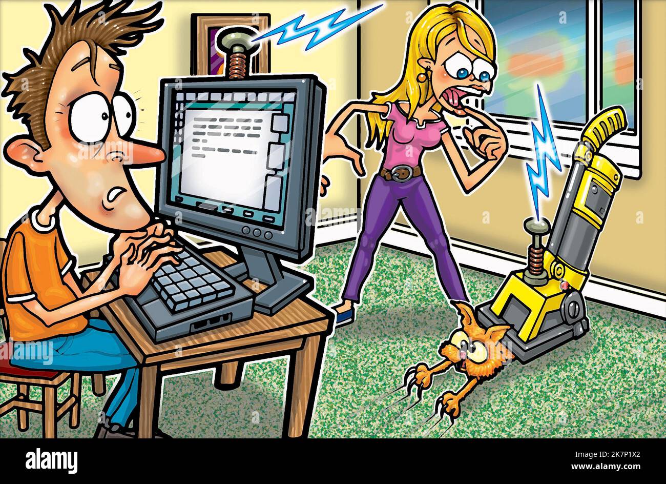 Funny art showing cat getting in the way of computer controlled vacuum ...