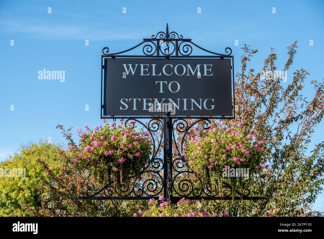 Steyning, October 11th 2022: Welcome signage at the village entrance ...
