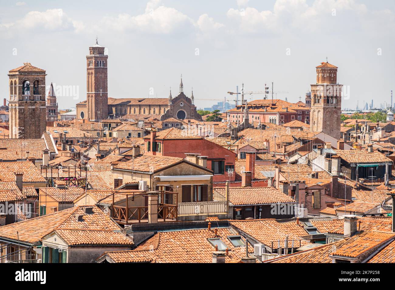 A view across rooftops from Fondaco der Tedeschi rooftop in Venice ...