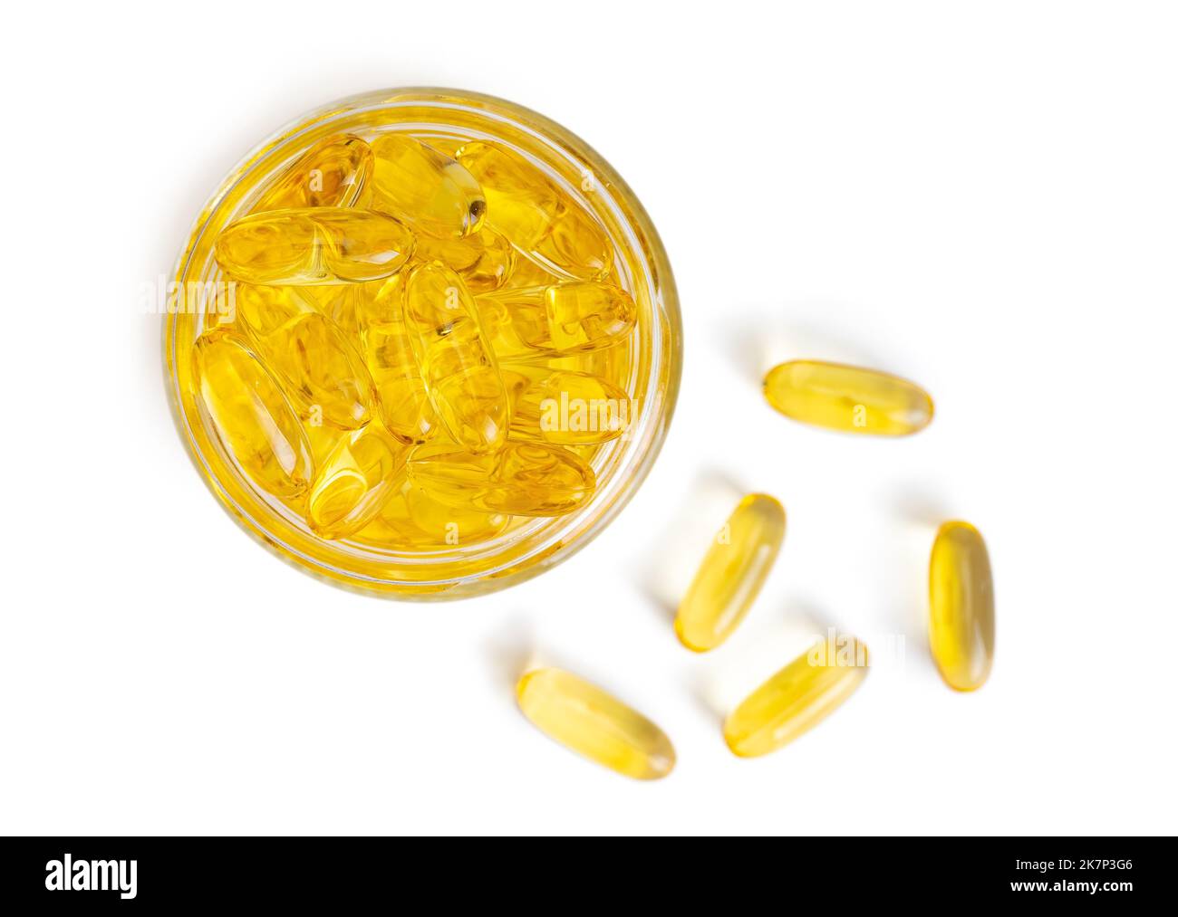 Omega 3 capsules in glass bottle isolated on white background. Softgels ...