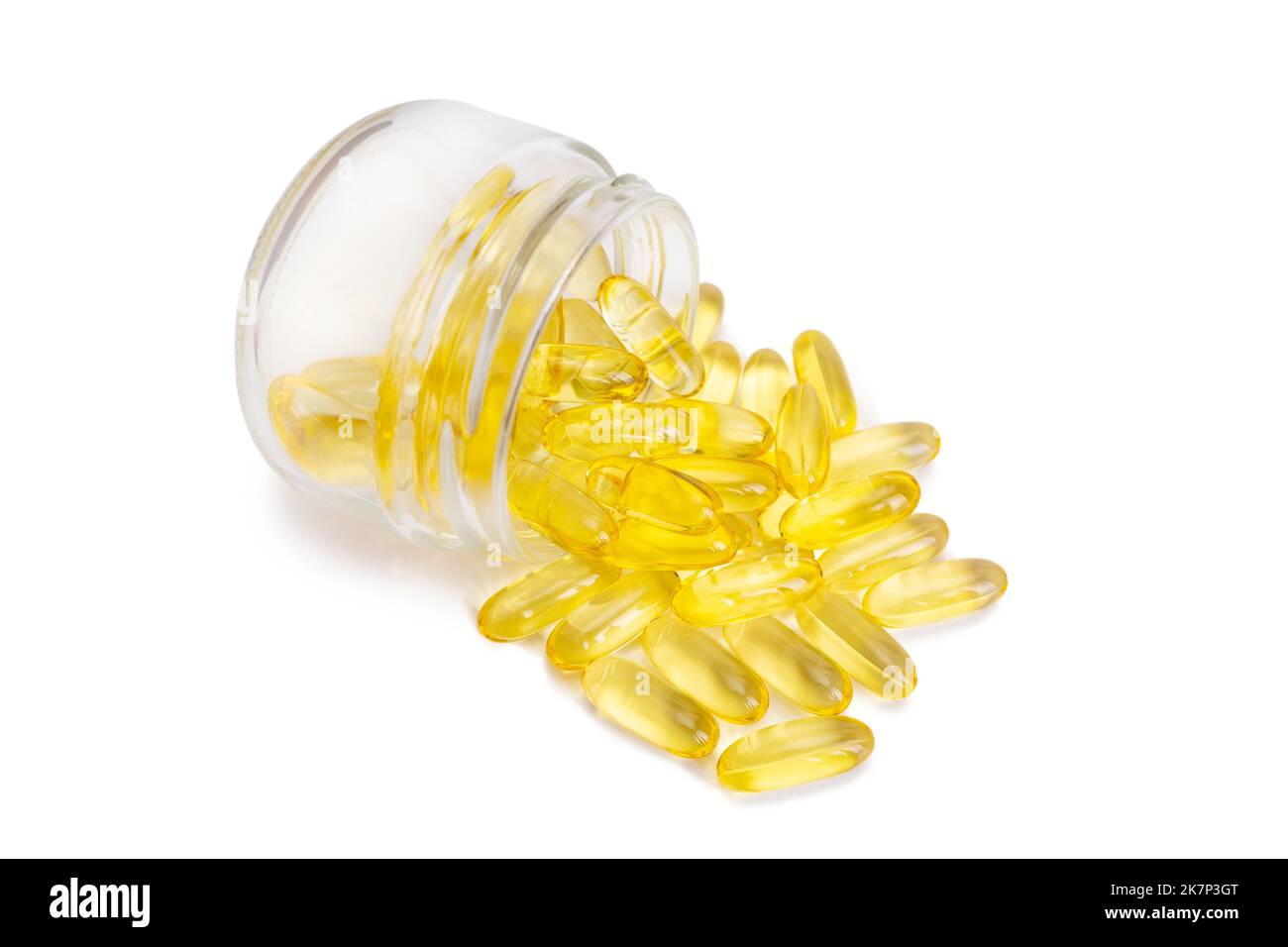 Omega 3 capsules in glass bottle isolated on white background. Softgels ...