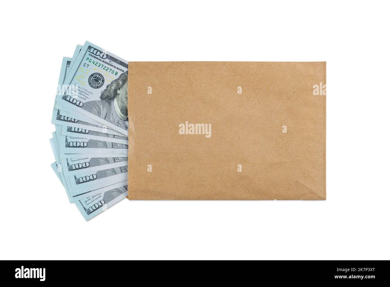 Pile of new design US dollar bills in brown envelope isolated on white ...