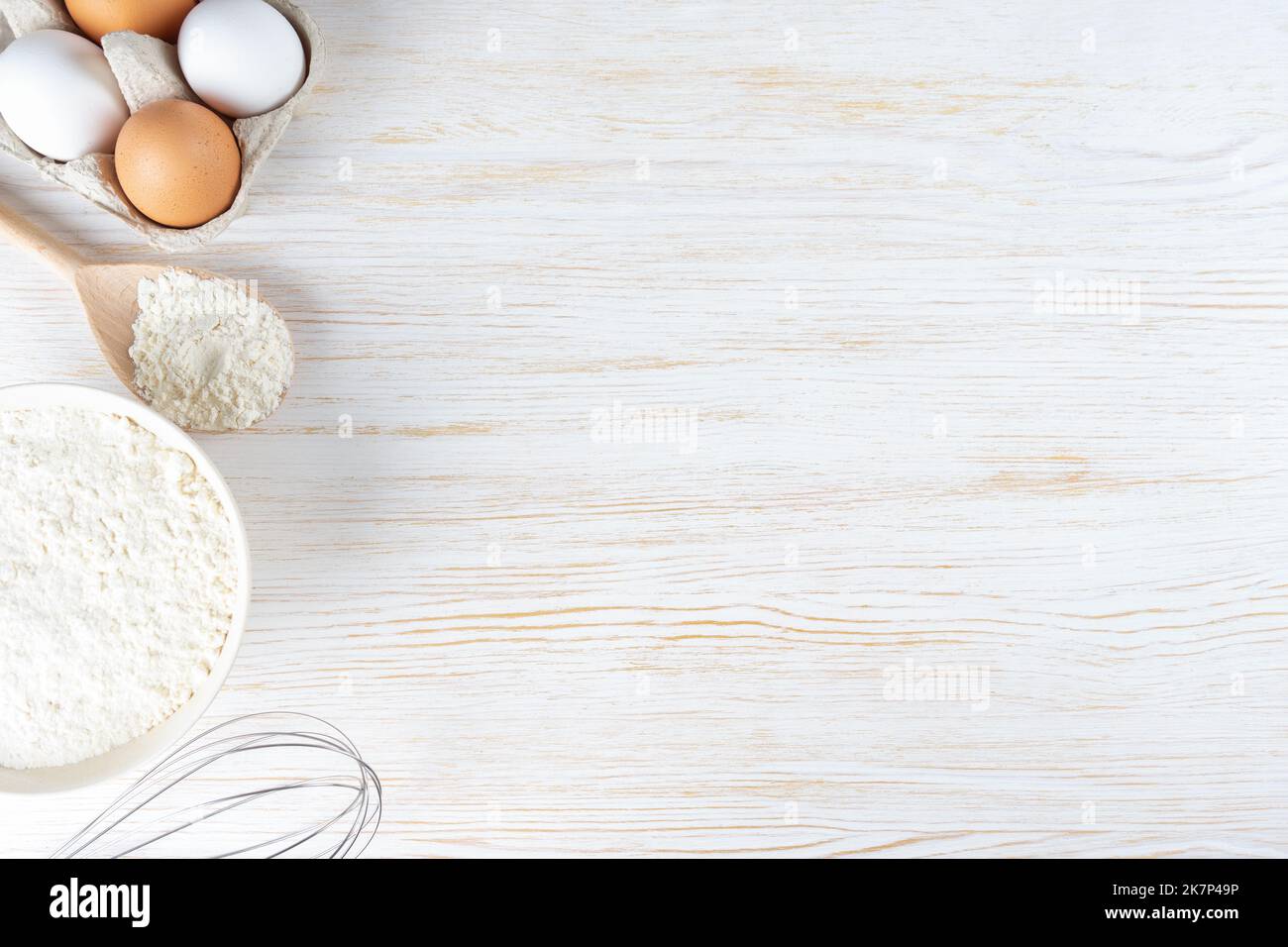 Baking cooking Ingredients background with copy space. Flour, eggs ...