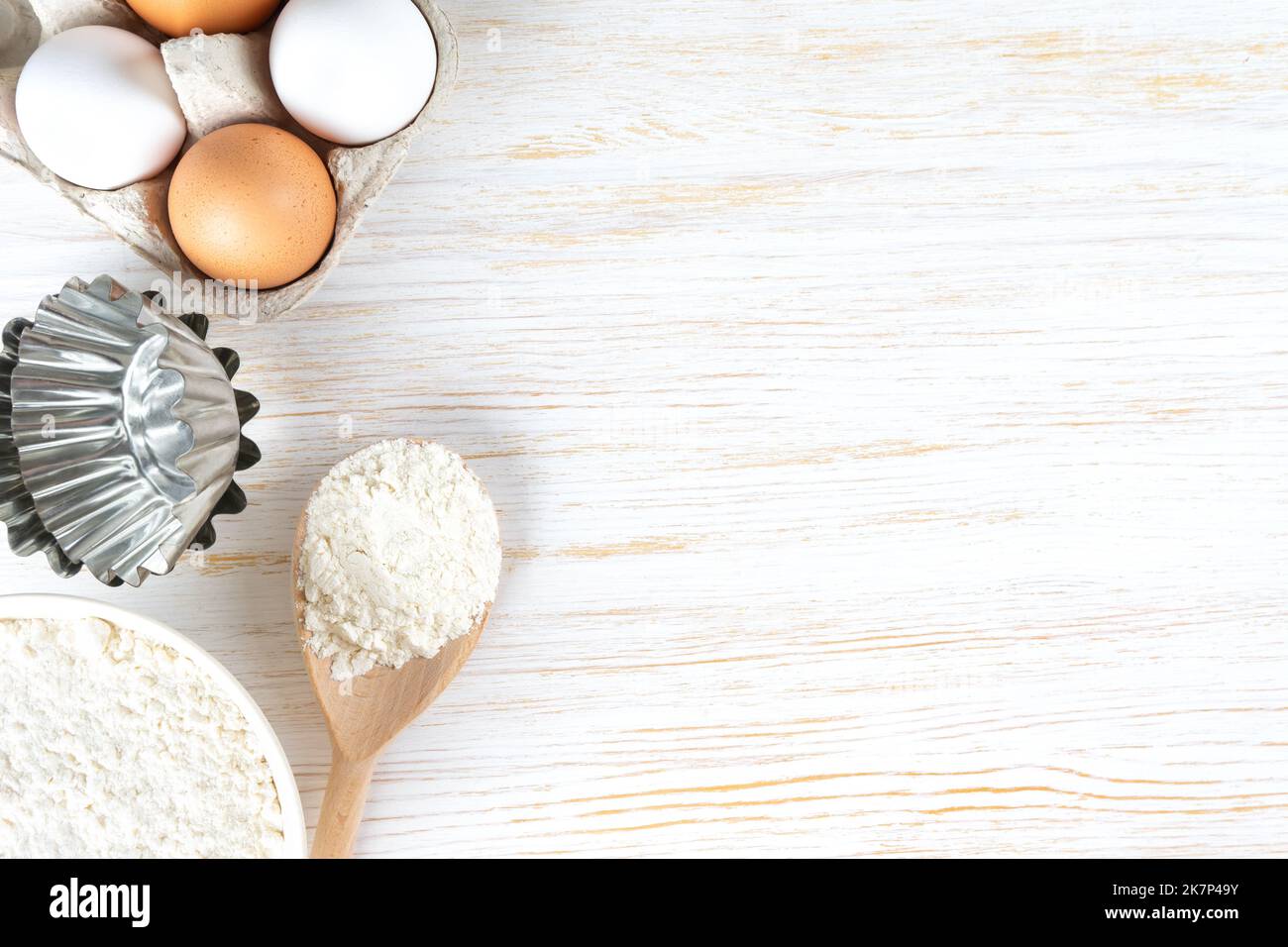 Baking cooking Ingredients background with copy space. Flour, eggs ...