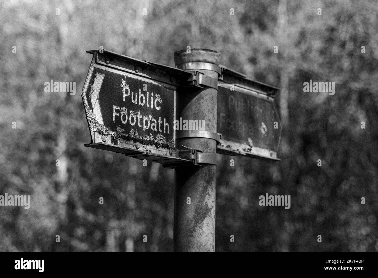 Old green public footpath sign with moss and litchen growing over Stock ...