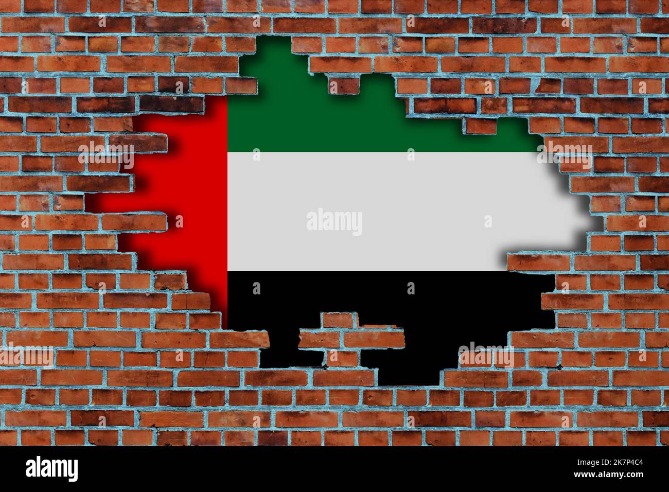 3D Flag of United Arab Emirates behind the broken old stone wall ...