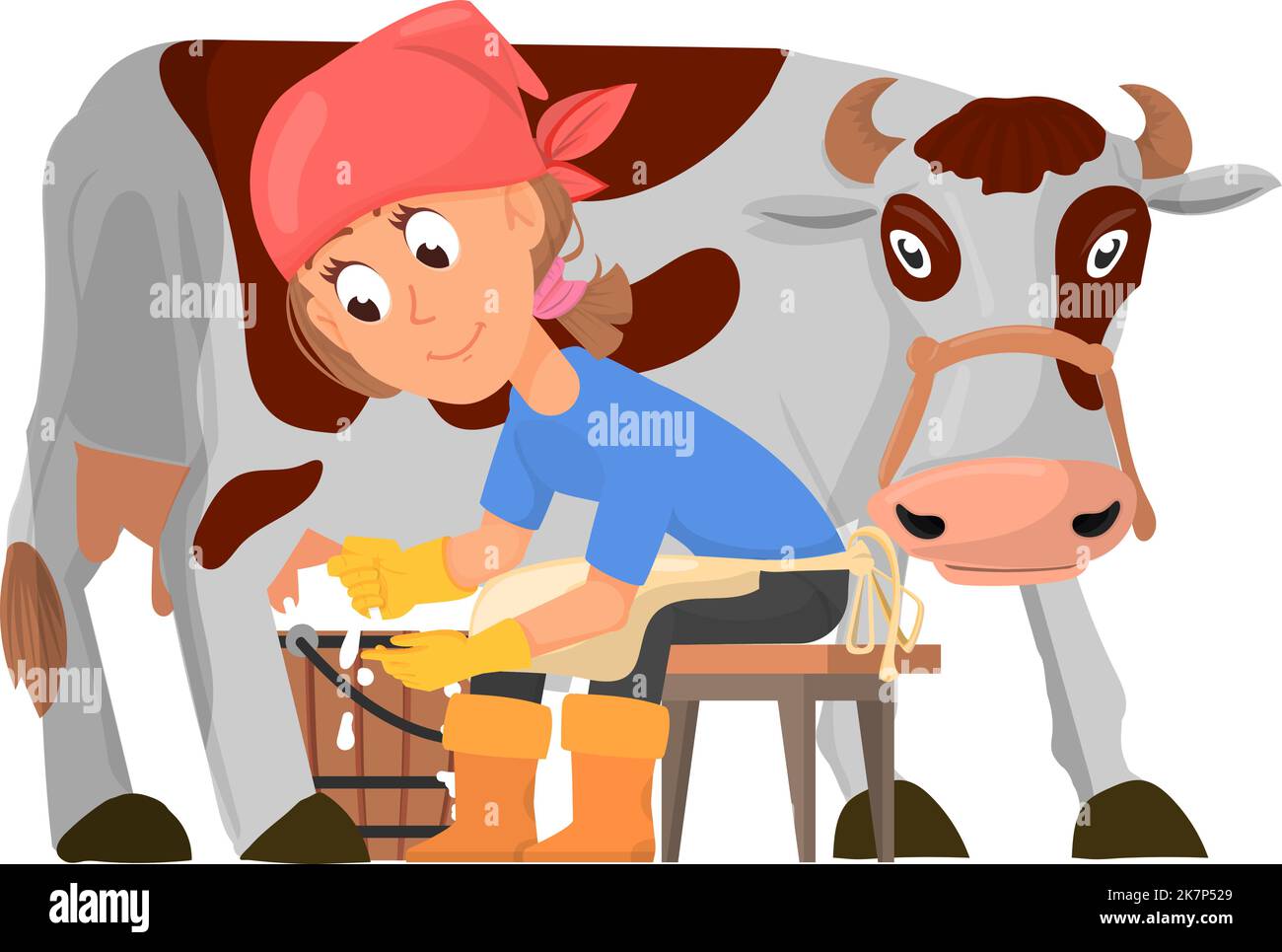 Woman milking cow. Cartoon farm worker character Stock Vector Image ...