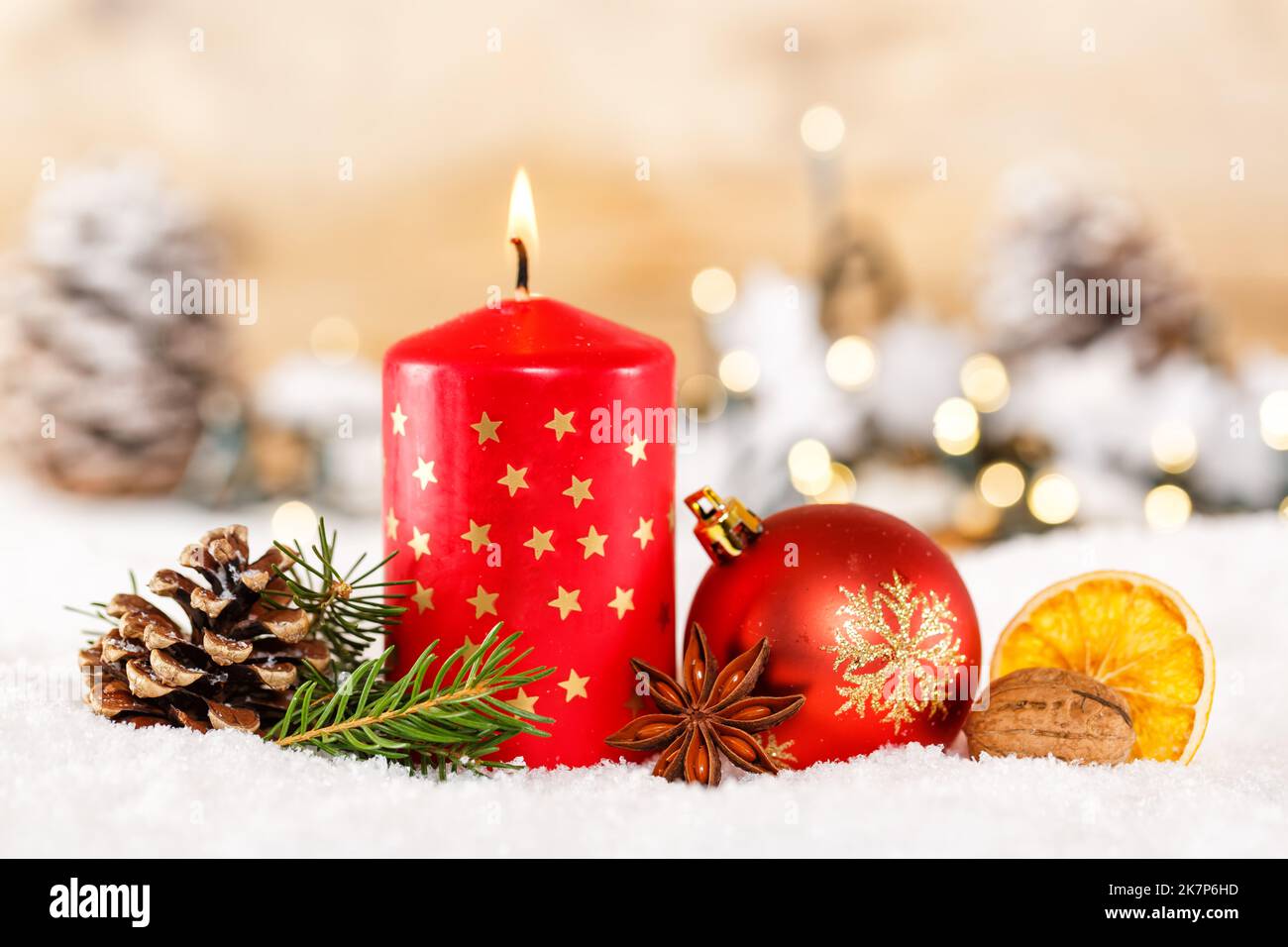 Christmas card advent time with burning candle decoration deco Stock ...