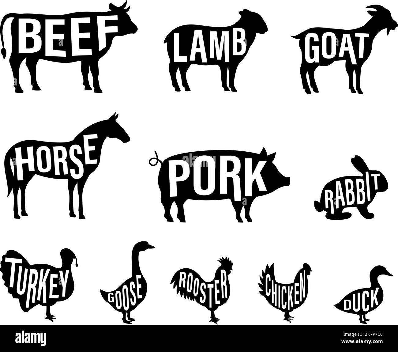 Set of farm animal silhouette with lettering. Pig, Horse, Turkey, Goat ...