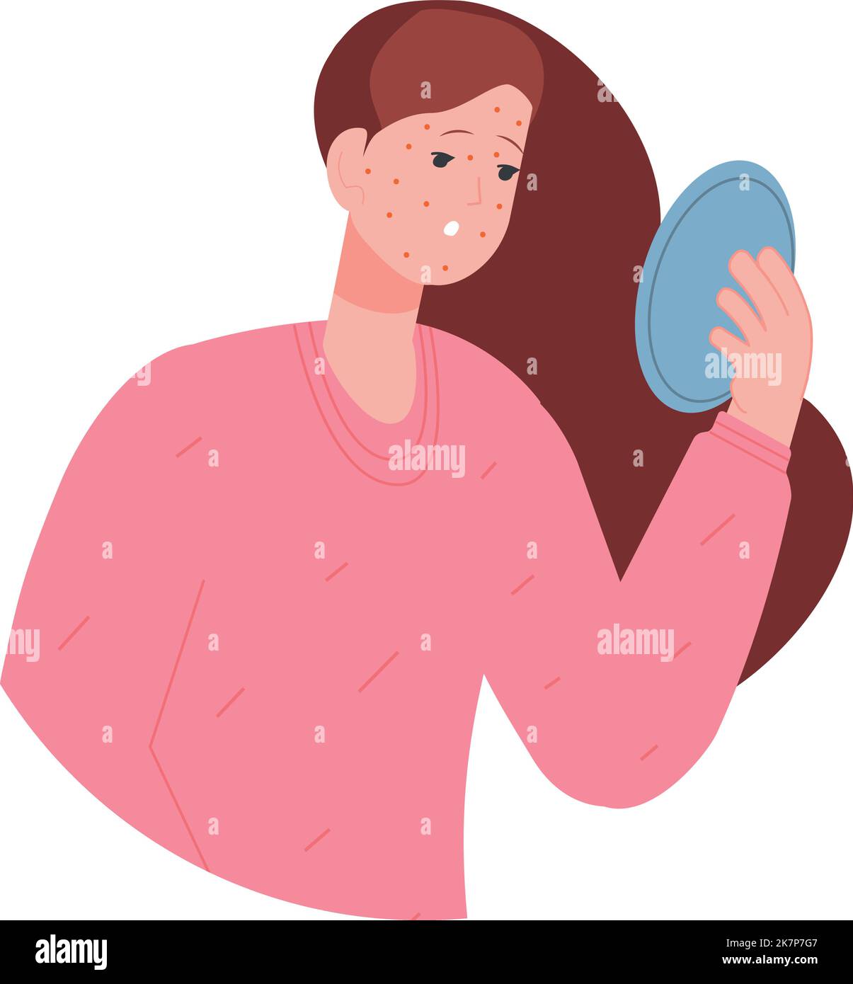 Acne on face skin. Woman looking in mirror isolated on white background ...