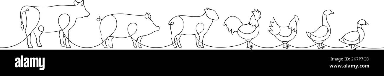 Farm animals one line continuous drawing. Cow, Pig, Sheep, Rooster ...