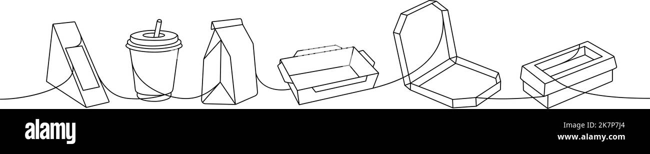 Set Of Takeaway Cardboard Boxes One Line Continuous Drawing Empty