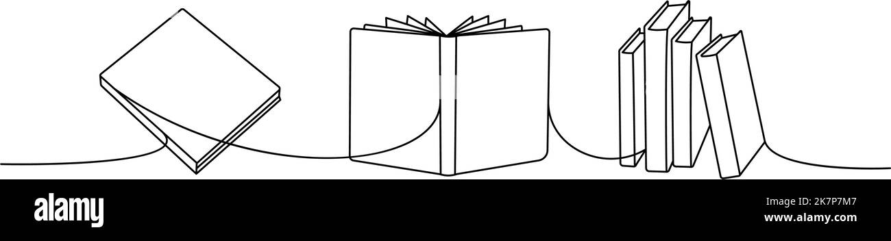 Set of books one line continuous drawing. Bookstore, library continuous ...