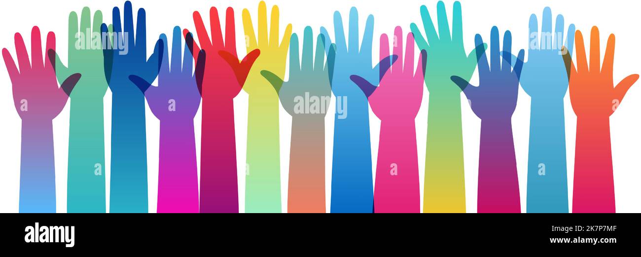 Set of hands raised up. Hands up of different colors. Teamwork ...