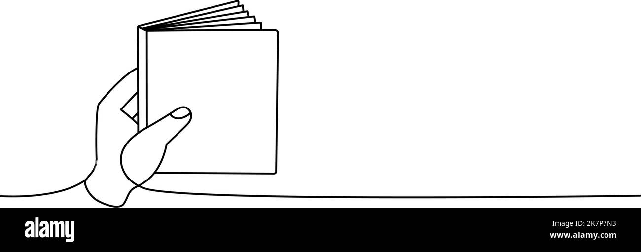 Hand with closed book one line continuous drawing. Bookstore, library ...