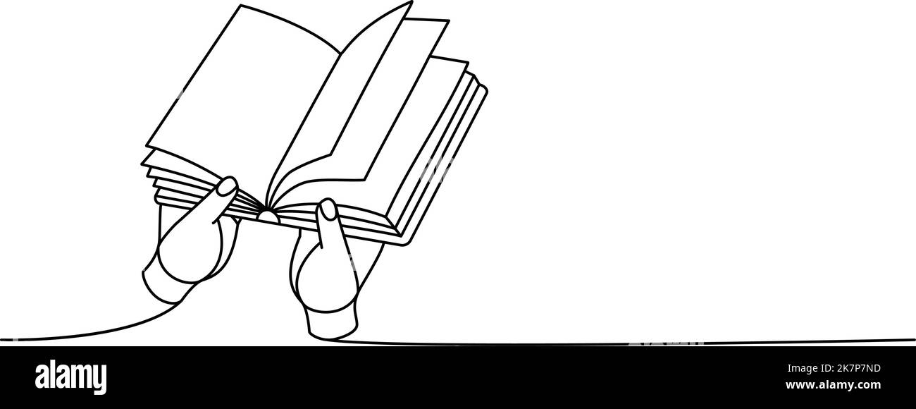 Hand with open book one line continuous drawing. Bookstore, library ...