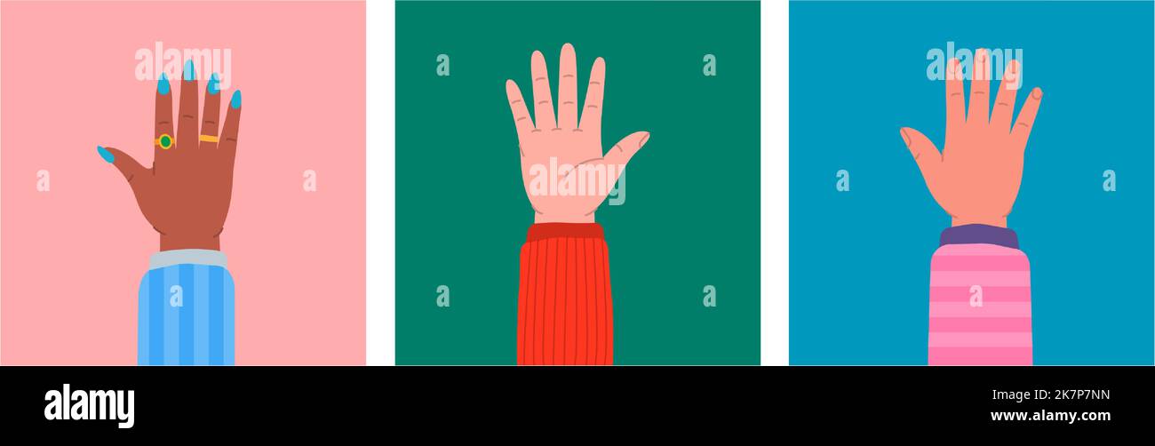 Raised hands. Human arms with accessories rising together. Multi-ethnic and diverse hands raised ...