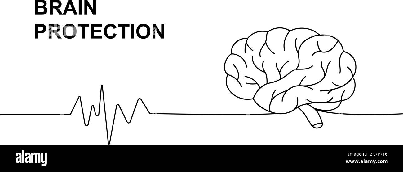 Human brain with heart pulse one line continuous drawing. Human organ ...
