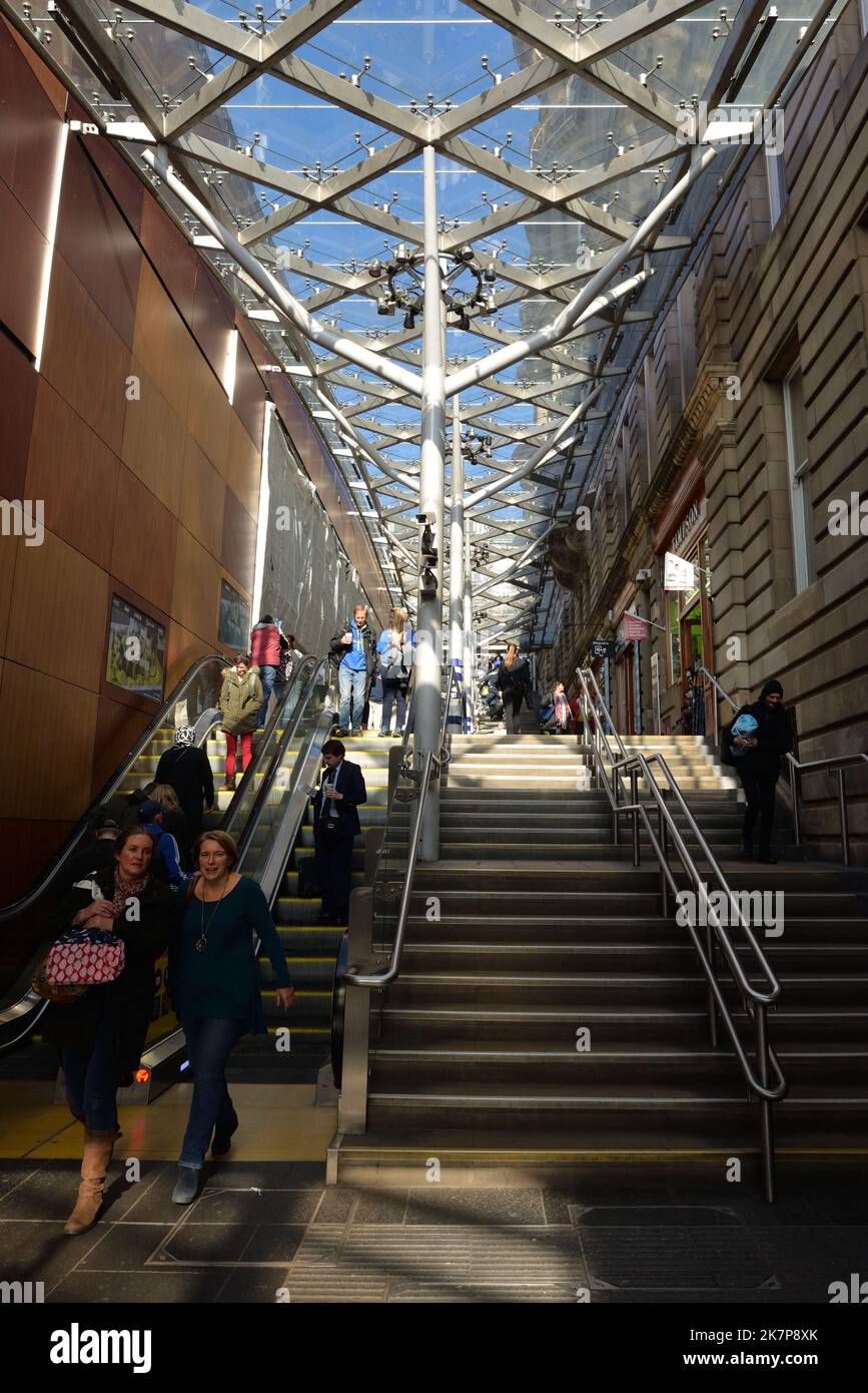 Escalators and stairs at the modernised Waverley Steps in Edinburgh ...