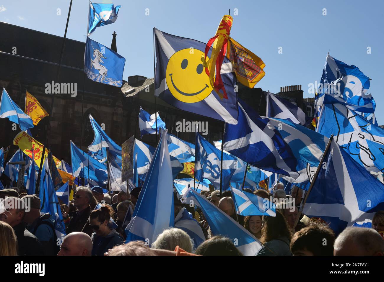 Flags of Scotland at a very busy independence march in Edinburgh ...