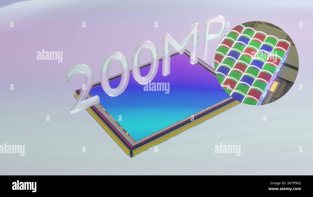 200 megapixel digital camera sensor, with pixels enlarged 3D rendering, huge modern digital ...
