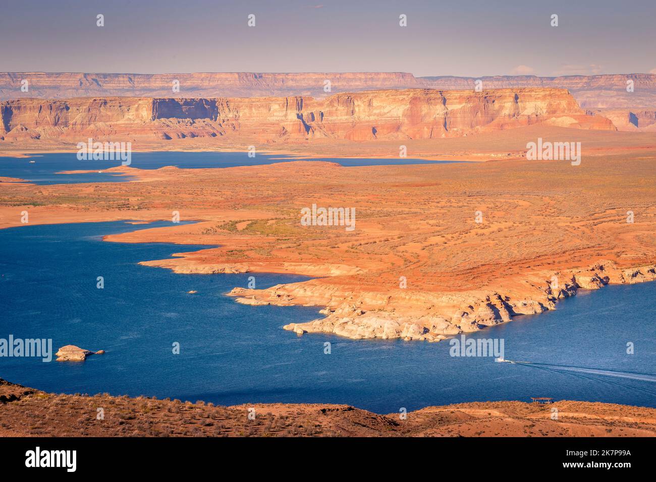 Lake Powell and marina from above at clear sunset sky, Page, Arizona ...