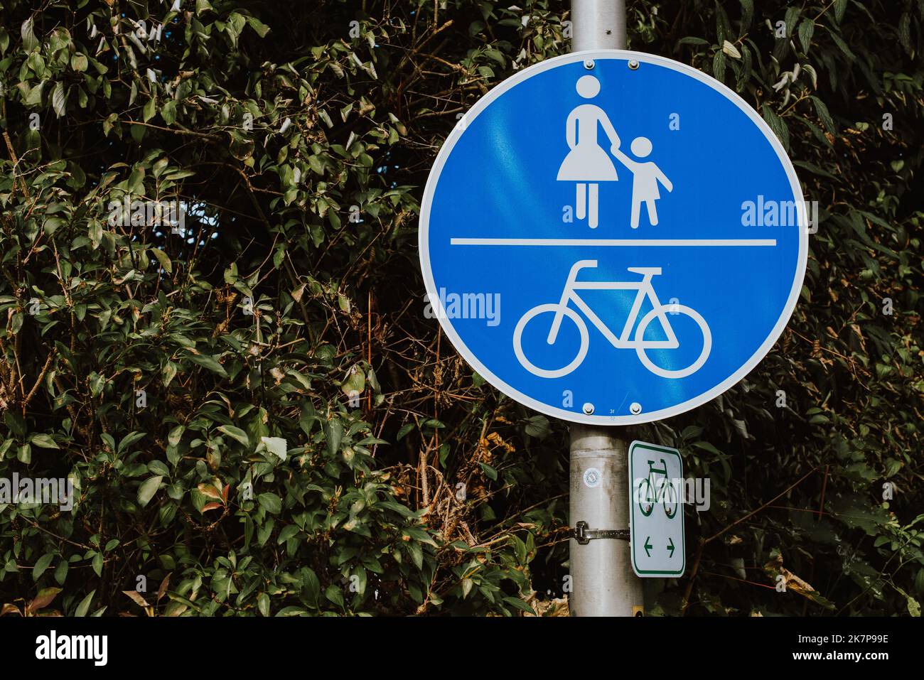 German Sign Sidewalk With Bike Path. Blue Background With Pedestrian ...