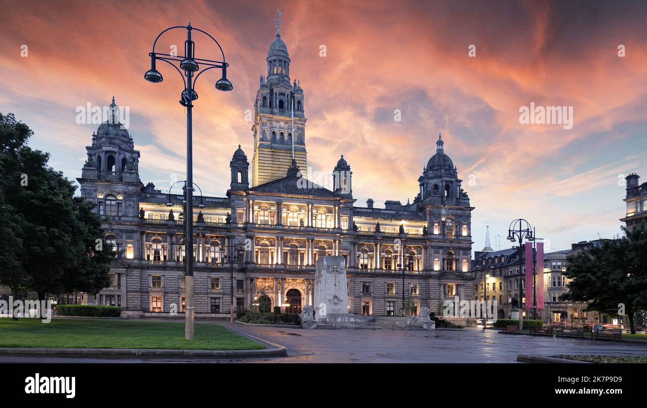 Glasgow City Chambers and George Square at dramatic sunset, Scotland ...
