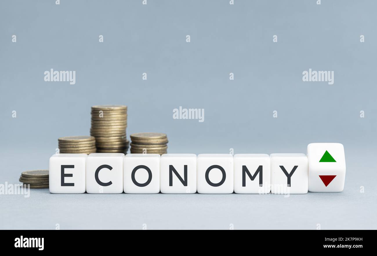 Economy word and up and down arrows on block shape and coins stacked ...