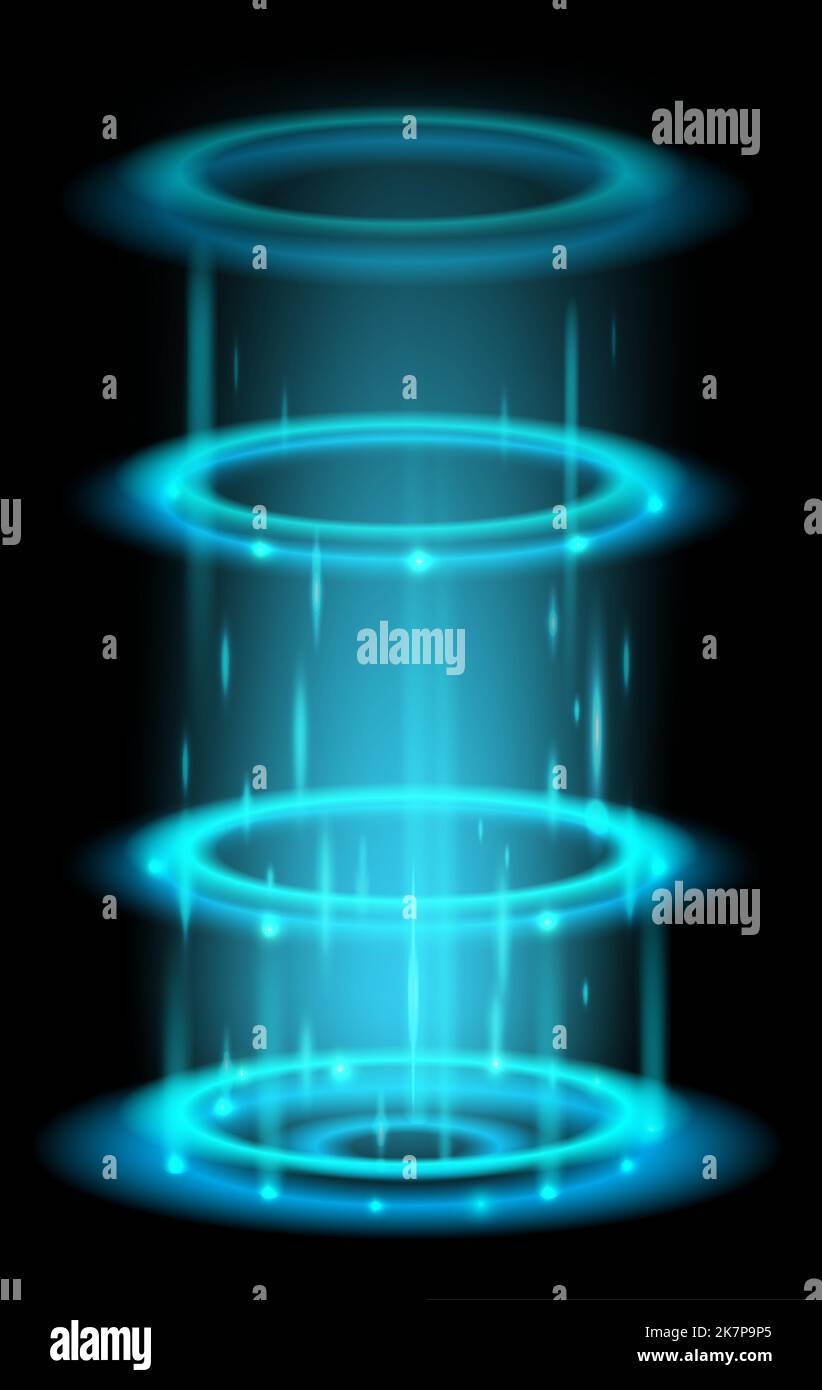 Blue laser circles. Hologram tunnel with glowing particles. Vector ...