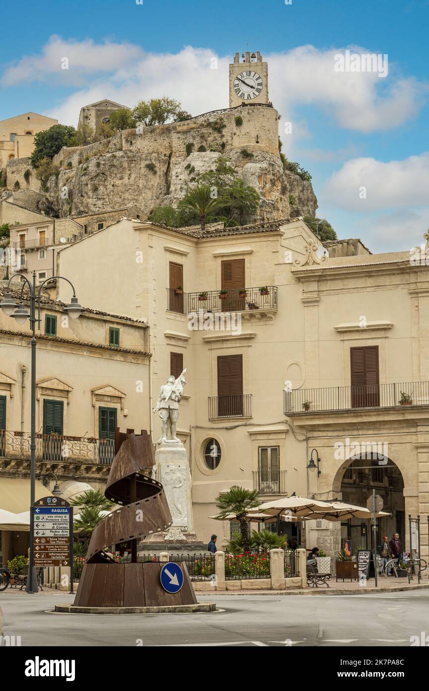 Modica, Italy: 09-21-2022: Beautiful square in Modica with the castle ...