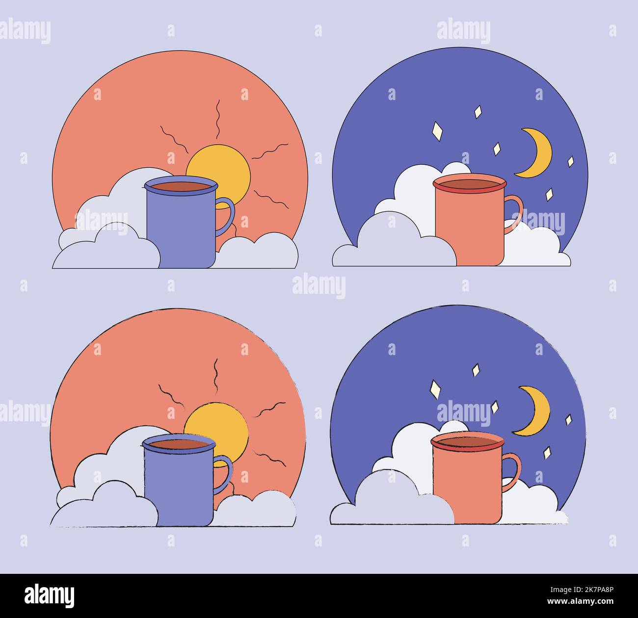 Morning and night warm cup of coffee or tea. Two illustrations with ...