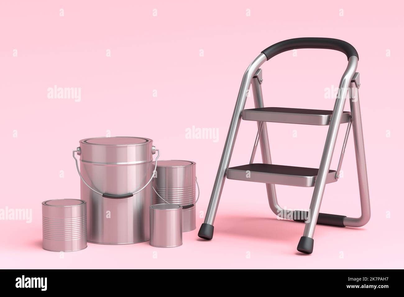 Set of metal cans or buckets of paint with folding ladder for garden ...