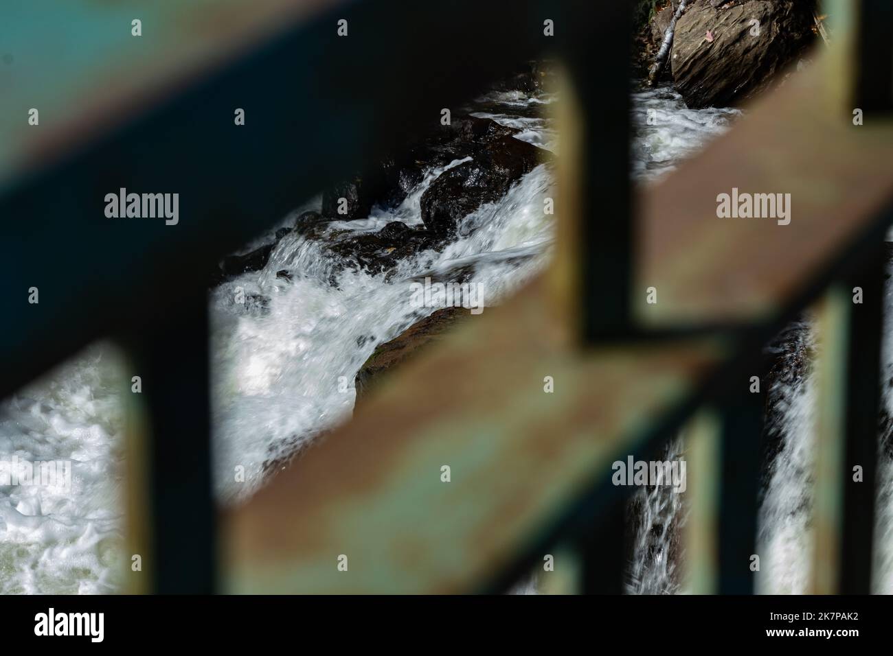 A peek at wild water flowing behind a railing; partially screened ...