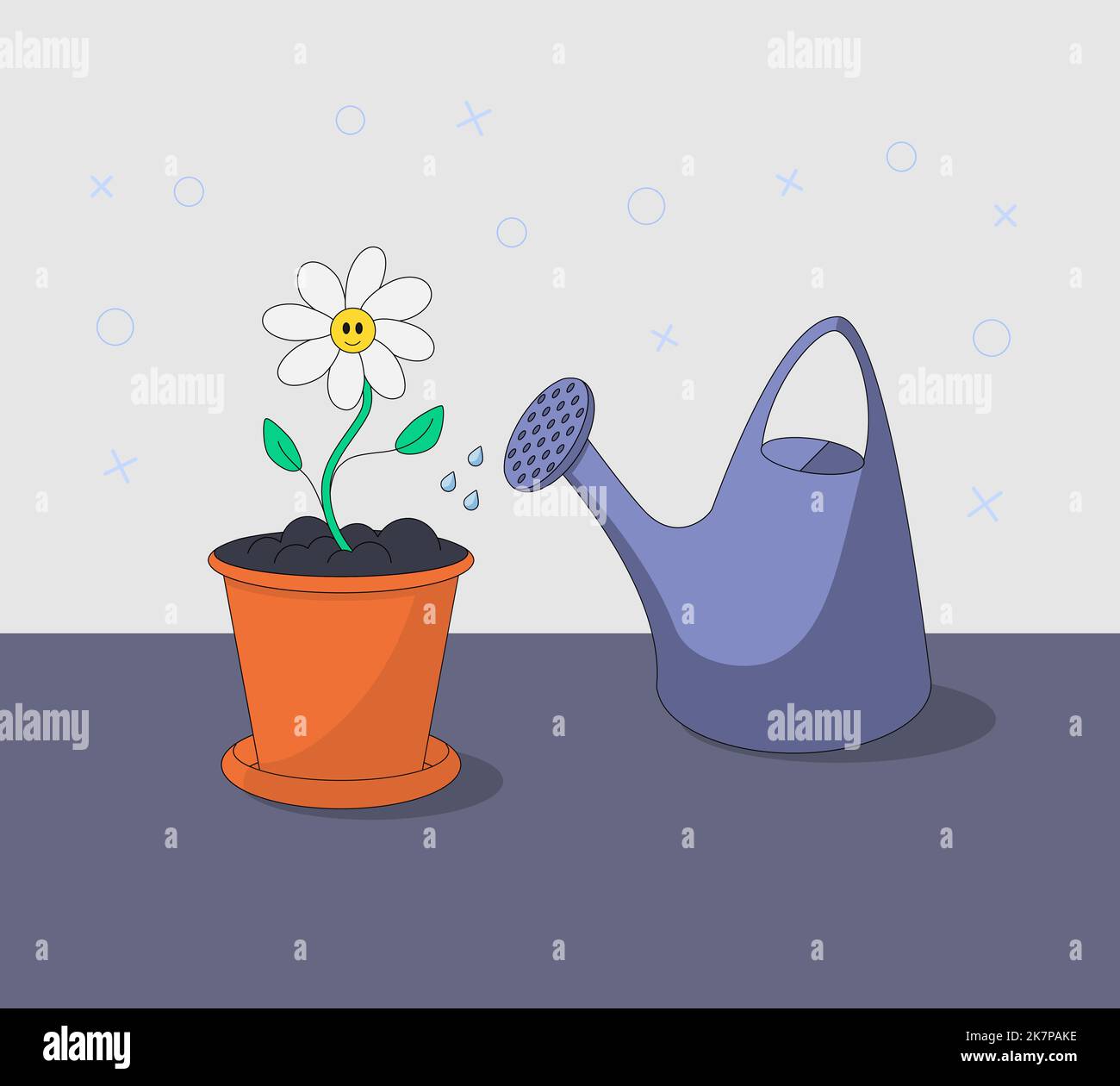 Watering plant. Flower that smiles in a pot with soil, next to it stand ...