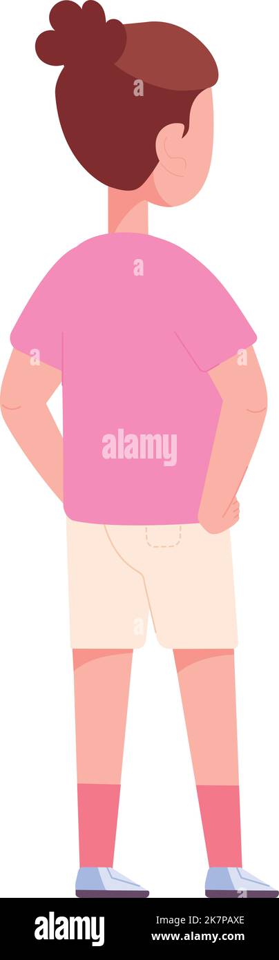 Cartoon girl standing. Kid character rear view isolated on white ...