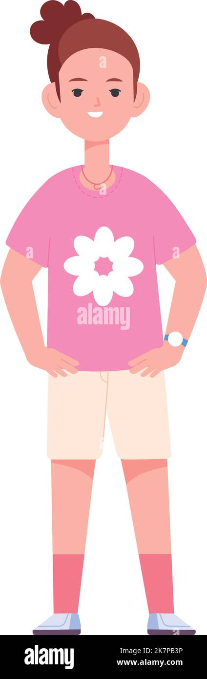 Standing girl front view. Cartoon kid character isolated on white ...