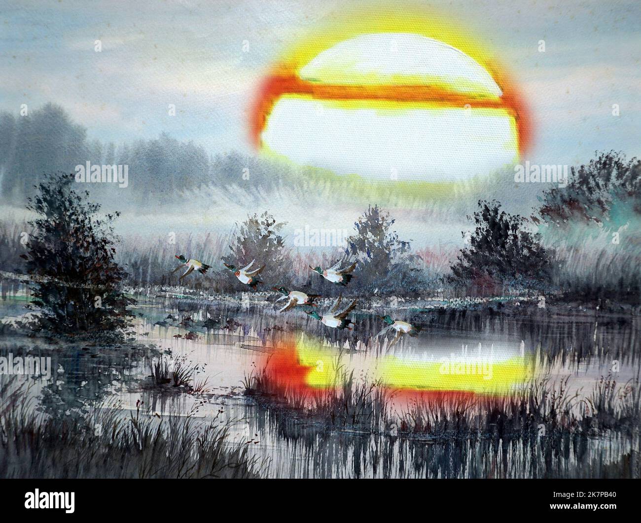 Watercolor painting Many birds fly in the morning garden , teal flying ...