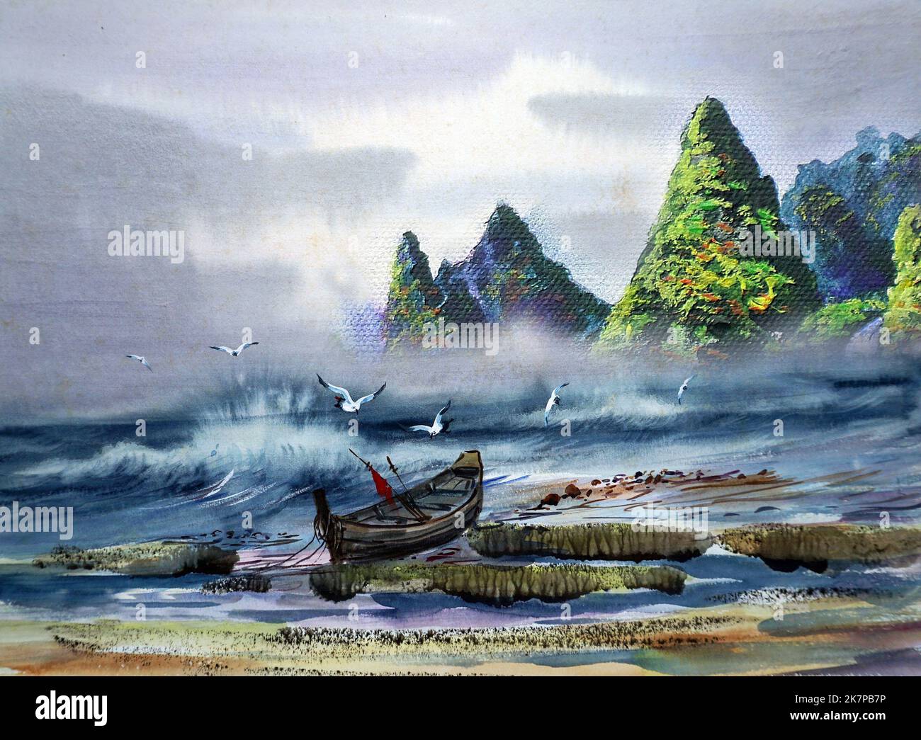 art Watercolor painting, windy sea and fishing boats , phuket thailand ...