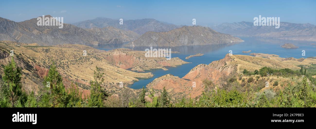 Landscape panorama of Nurek dam lake second highest in world between ...