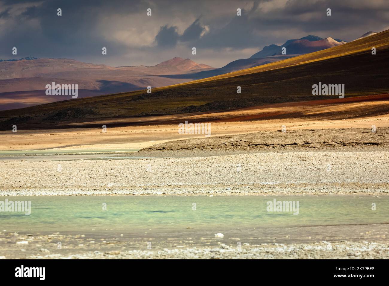 Laguna Blanca, white Lagoon at dramatic sky in Altiplano of Bolivia ...